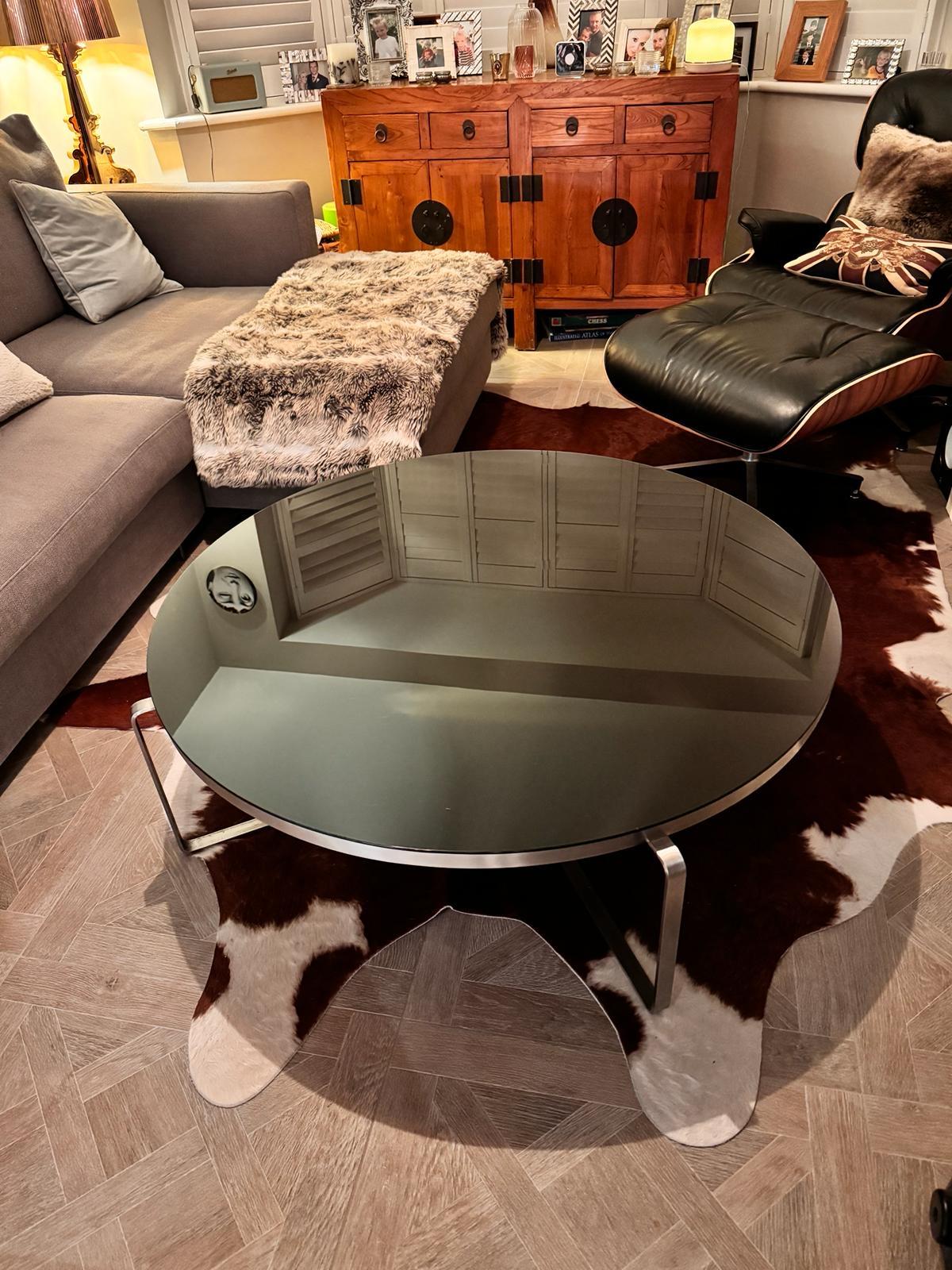 Camerich black glass top round coffee table with steel section legs ...
